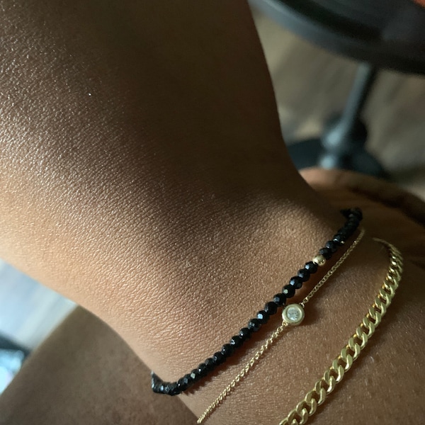 Black Spinel Stretch Bracelet, Ultra Delicate Faceted Tiny Beads ...