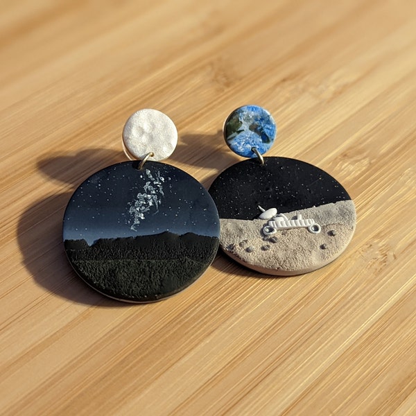 Earth and Moon Space Earrings | Whimsical Astronomy and Lunar Rover ...