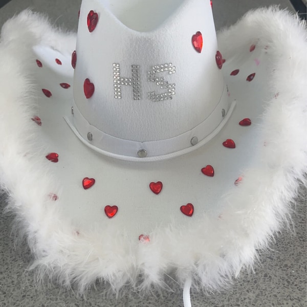 Black Cowboy Hat With Red Love Heart Rhinestone Gems and Black Fringing ...