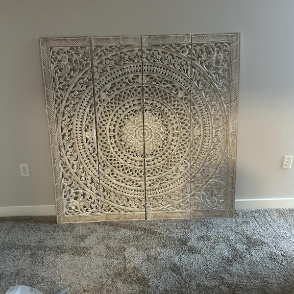 Queen Headboard 60” Carved Teak Panel, Whitewashed/beige Moroccan ...