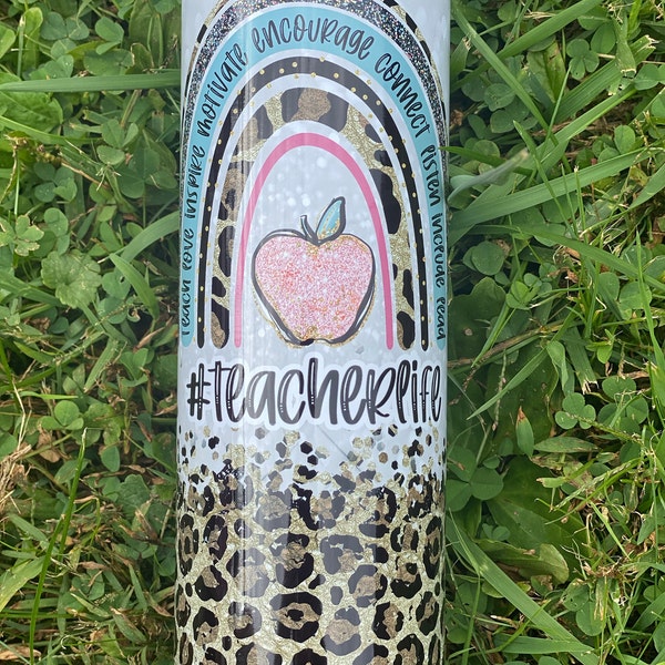 20 Oz Skinny Tumbler Rainbow Leopard Glitter Teacher Tumbler Pencil ...