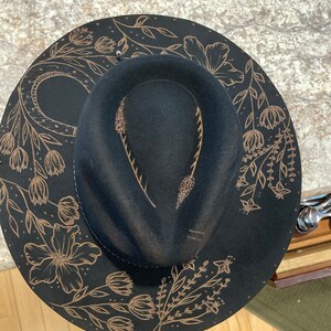Imogen: Floral Horseshoe. Made to Order Handcrafted Burned Wide Brim Hat. Burned Hat, Cowboy Hat ...