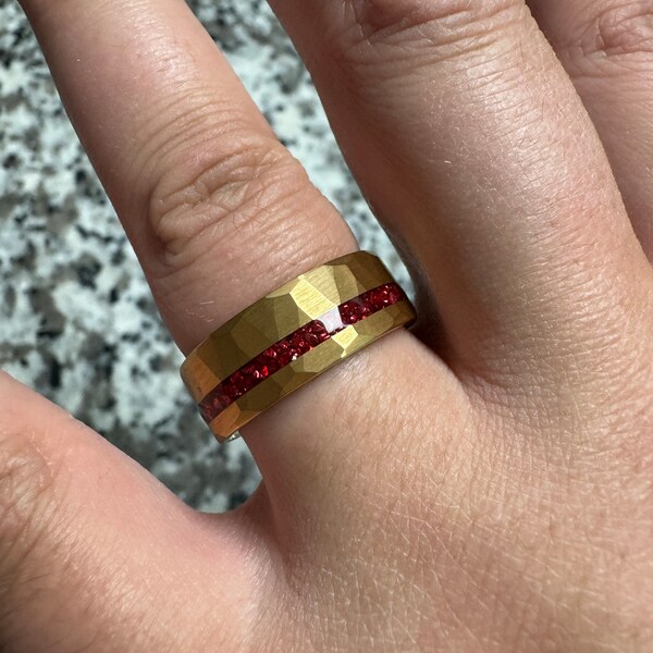Hammered Gold Ruby Ring, Men Wedding Band, Offset Crush Red German Glass Stones, Brushed Gold ...