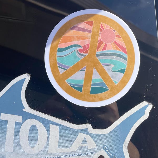 Retro Sun and Ocean Sticker. Peace Sign Laptop Decal. Hydroflask, Water ...