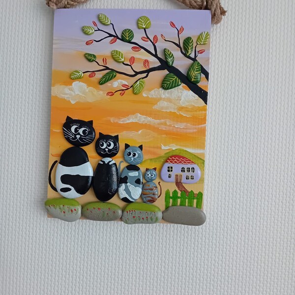 Pebble Art Picture and Wall Key Holder Cat Family of 4, Hand Paint ...