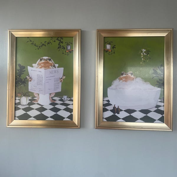 Set of Two Toad Bathroom Prints. Frog in Bath & the Toilet, Whimsy ...
