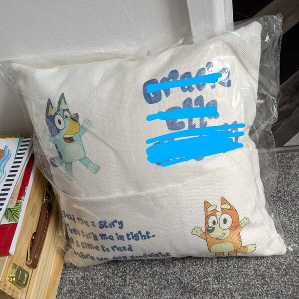 Bluey Inspired Personalised Reading Cushion, Pocket Cushion, Any Name ...
