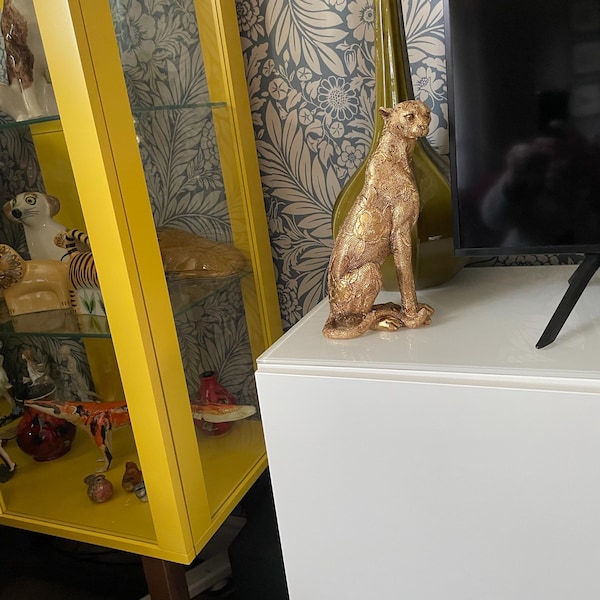 Flower Embroidered Sitting Gold Panther Statue | Animal Statue for ...