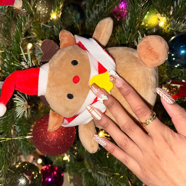 Red Peppermint Candy Cane Christmas Press on Nails 3D Charm Winter ...