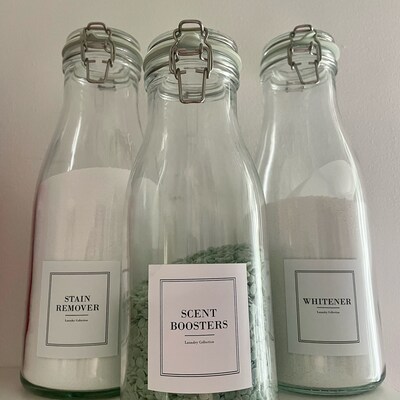 White Minimalist Laundry Labels Washing Powder Scent Boosters Home ...