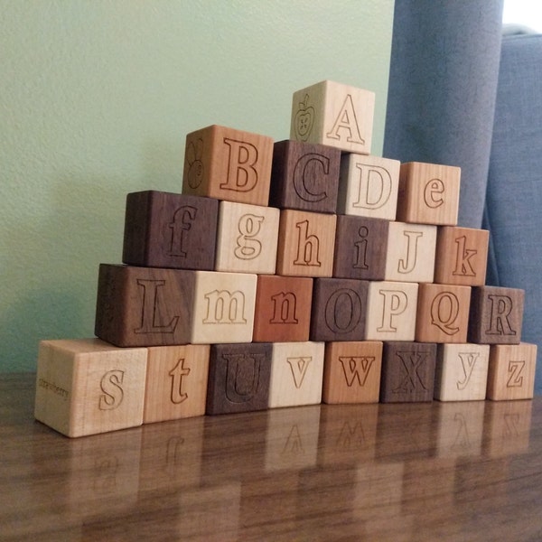 26-piece PICTURE ALPHABET Block Set - Natural Wooden Toy Blocks With ...