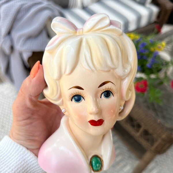 6" Vintage LEFTON Pink Barbara Lady Head Vase - Etsy