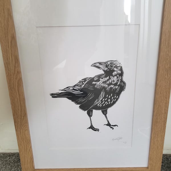 Raven Linocut, Unique Hand Painted Artwork. Crows and Corvids Handmade ...