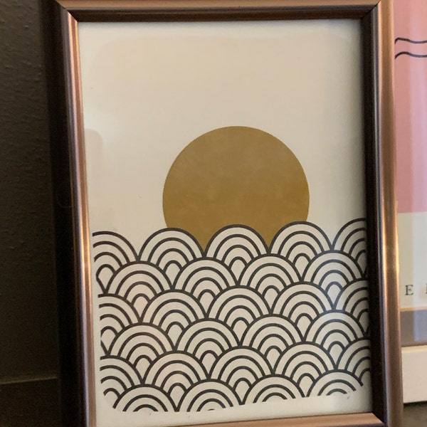 Waves & Sun Art Print - Black Ochre | Sun Art | Modern Art | Minimalist ...