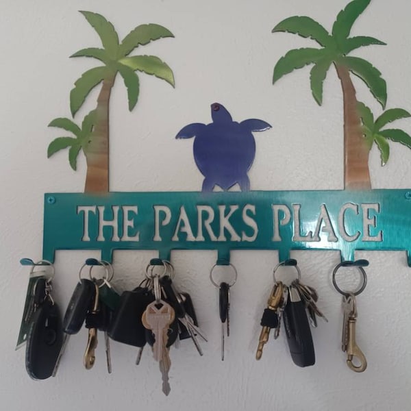 Personalized Tropical Turtle Key Holder: Powder Coated Metal, Palm Tree ...