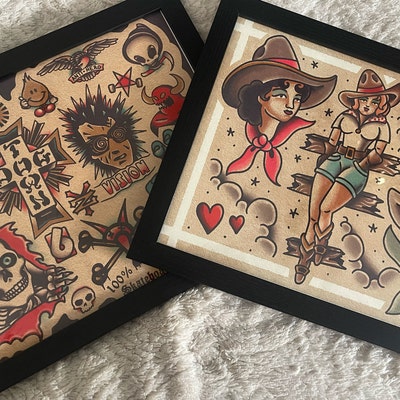 Cowgirl Western Traditional Tattoo Flash Sheet - Etsy