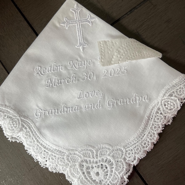 Personalized Embroidered Baptism Handkerchief: Lace Cotton Christening ...