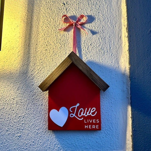 Love Lives Here Mini House-shaped Sign - Hand Painted Wood Wall Décor ...