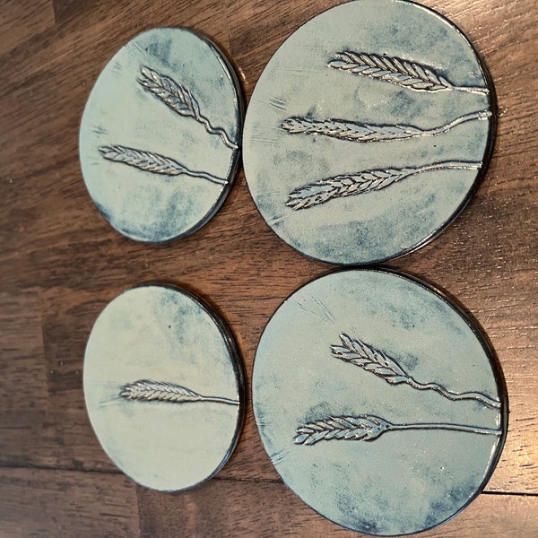 Denim Blue Round Clay Coaster Set, Dried Wheat Ceramic Imprint Coasters ...