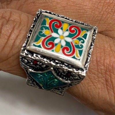 925 Sterling Silver Red Stone Men Ring Handmade Embroided Ring Vintage ...