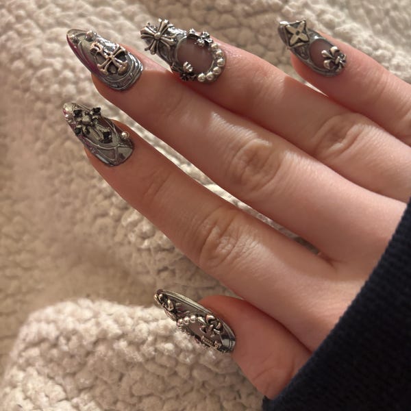 Silver Chrome Cross Heart Press on Nails, Punk Goth Y2K Emo Fake Nails ...