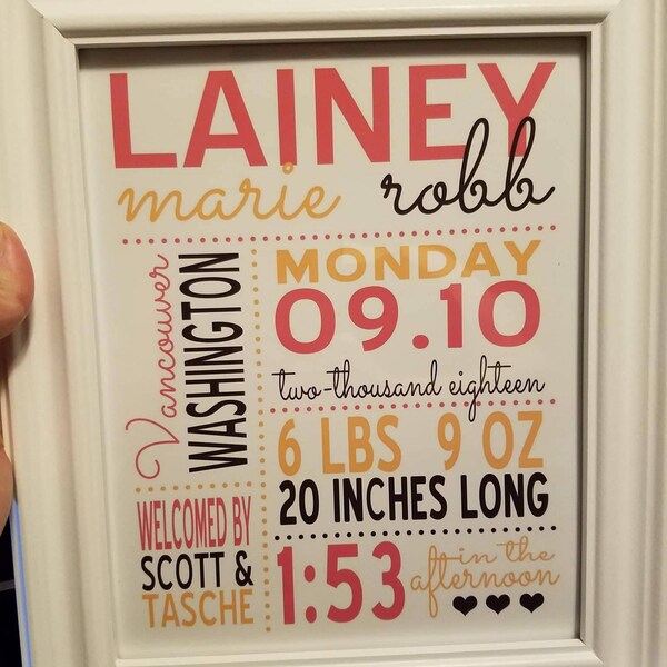 Birth Stats Sign Wall Art. Baby Statistics Personalized Baby Stats ...