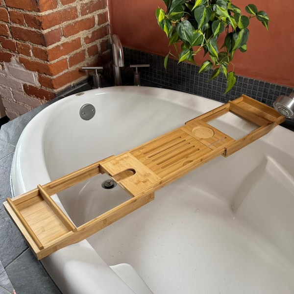 Personalised Bamboo Extendable Bath Caddy Tray, Engraved Adjustable ...