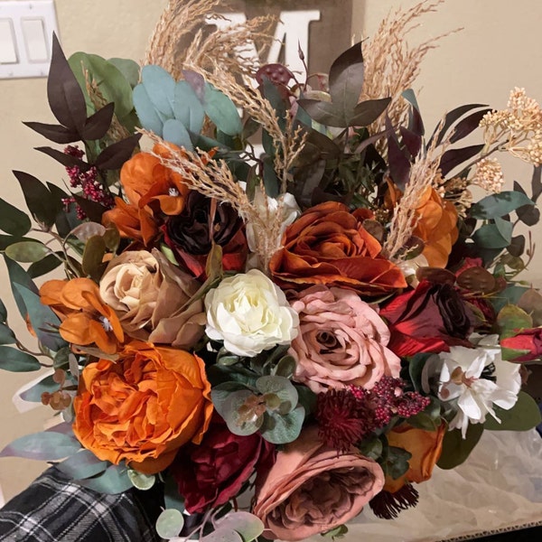 Burgundy Rust Ivory Cinnamon Flowers Bridal Bouquet Faux Bouquet Fall ...
