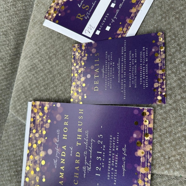 Purple and Gold Foil Wedding Invitation Set, Personalized, Printed ...