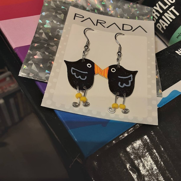 Funny Silly Earrings, Handpainted Enameled Stainless Steel Blackbird ...