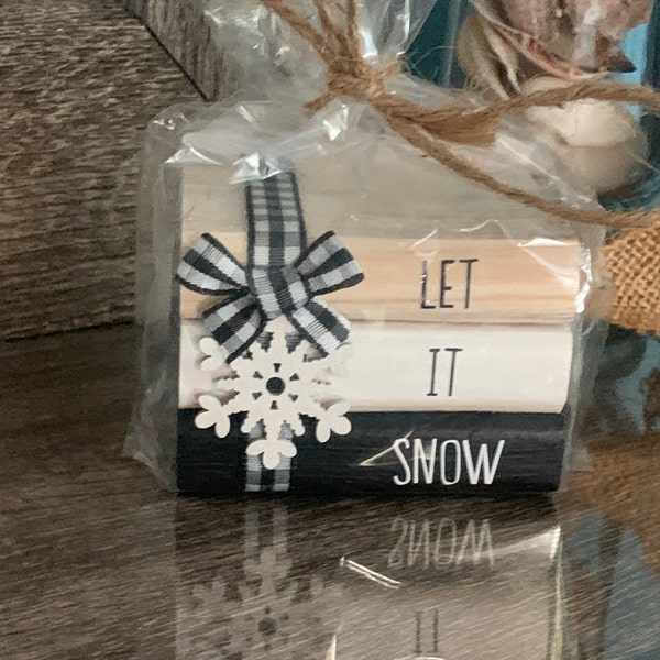 Let It Snow Farmhouse Books, Mini Wooden Book Stack, Winter Tiered Tray ...