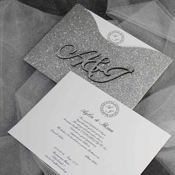 Silver Glitter Invitation, Personalized Glitter Invitation, Monogram ...
