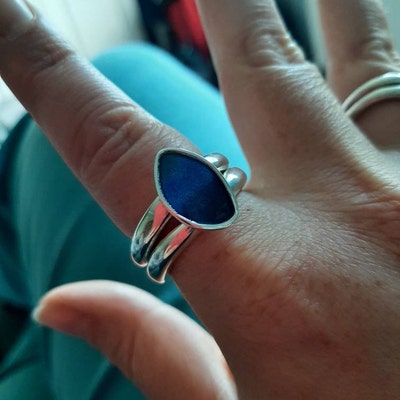 Blue Topaz Stack Ring. Silver Stack Ring, Enamel Ring, London Blue Topaz Pebble Ring, Pebble ...