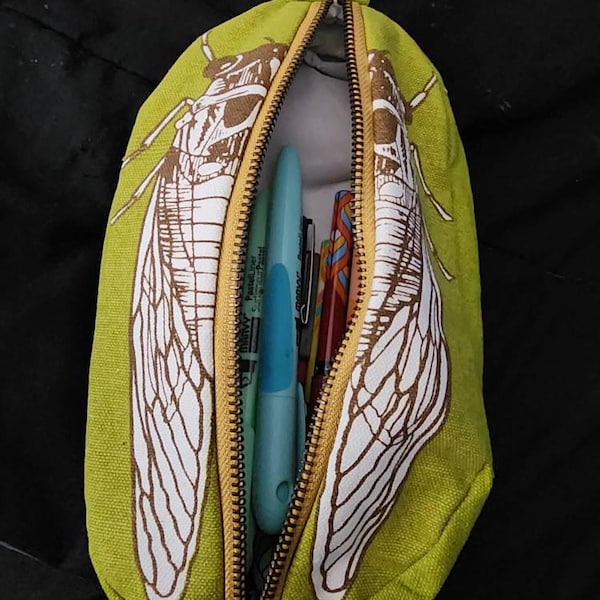 Cicada Zipper Pouch: Hand Screenprinted Cotton Canvas Pencil Bug Insect ...