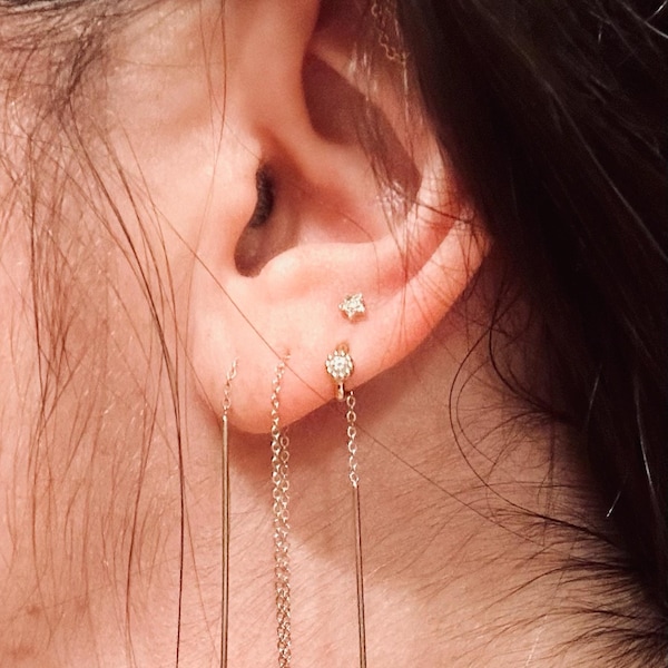 14k Gold Extra Long Thread Earring // 14K Gold Threader Earrings // Extra Long Gold Threader ...