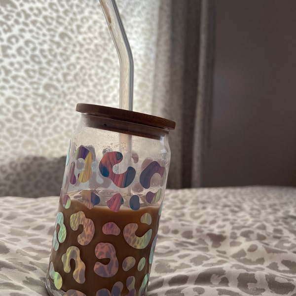 Leopard Print Iced Coffee Cup 16oz Glass Soda Can Reusable Cup With ...