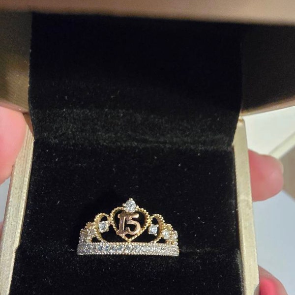 14k 15 Anos Quinceanera Ring / Yellow Gold Cubic Zirconia Crown 15 Ring ...
