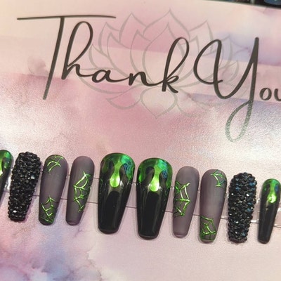 Sheer Matte Black Medium Coffin Press on Nails With Black Leaf Detail ...