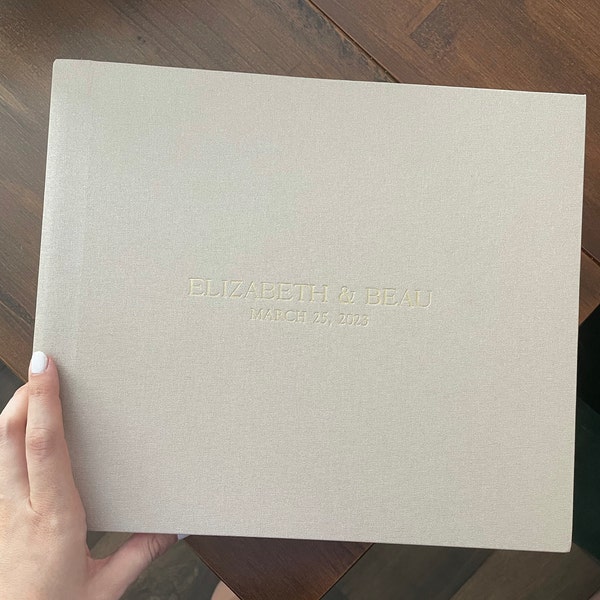 Champagne Linen Lay Flat Guest Book | Gold Lettering | Gold Emboss ...