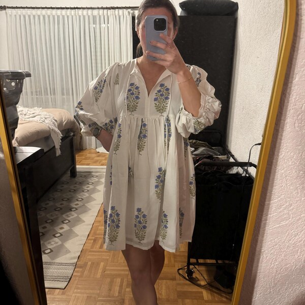 Blue Block Printed Dress, Long Maxi Gown Front Open and Collared ...