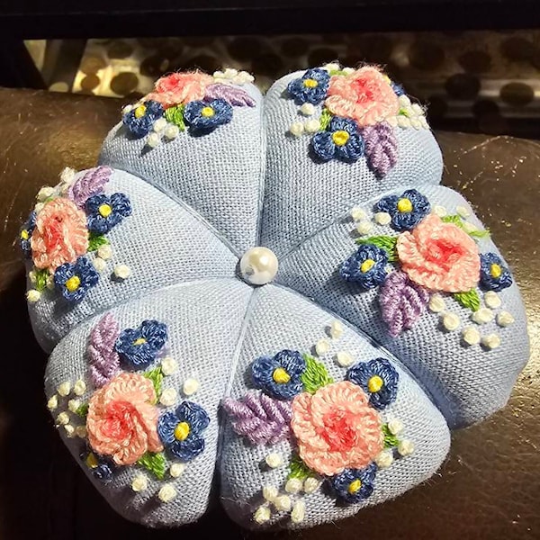 Roses Flower Embroidered Blue Pin Cushion, Handmade Pumpkin Pincushion ...