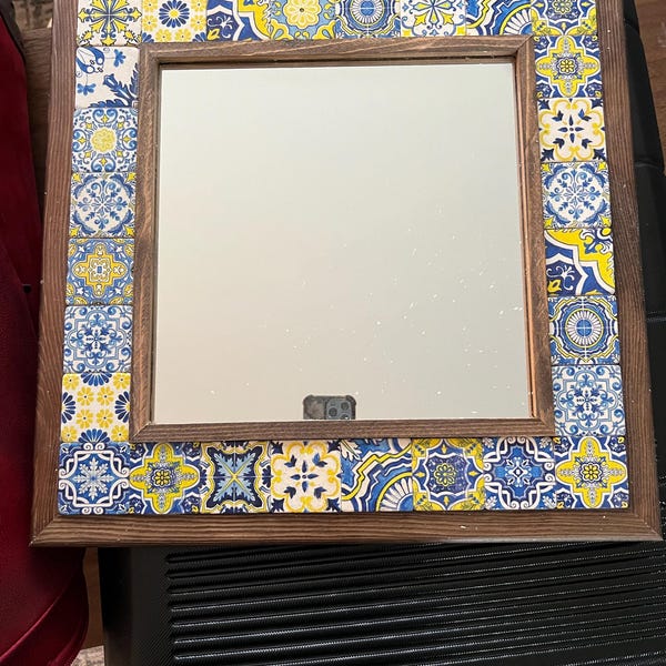 Vintage Mirror, Tile Mirror, Frame Wood Wall Mirror, Blue Brown ...