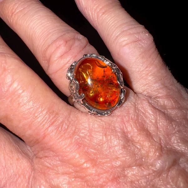 Delicate Natural Cognac Amber Ring. Amber Jewelry, Sterling Silver Ring ...