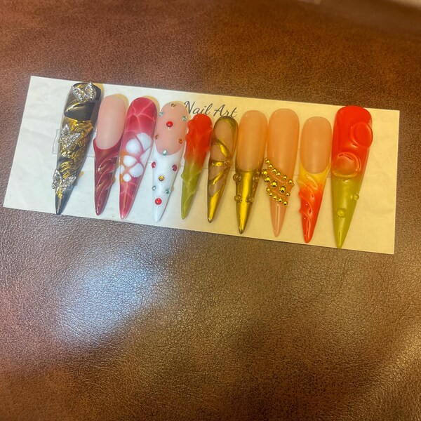 3D Sun Star Gothic Press on Nails Short Almond Nails, Green Nails ...