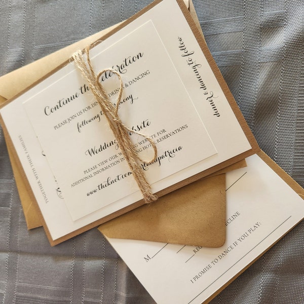 Printed Rustic Wedding Invitation With Twine, Ivory With Kraft Matting ...