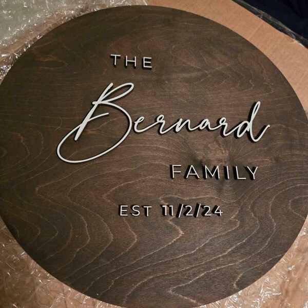 Round Family Last Name Sign With Engraved Botanical Frame and Raised ...
