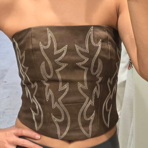 Brown Vegan Leather Western Corset Top – Embroidered Cowgirl Lace-up ...