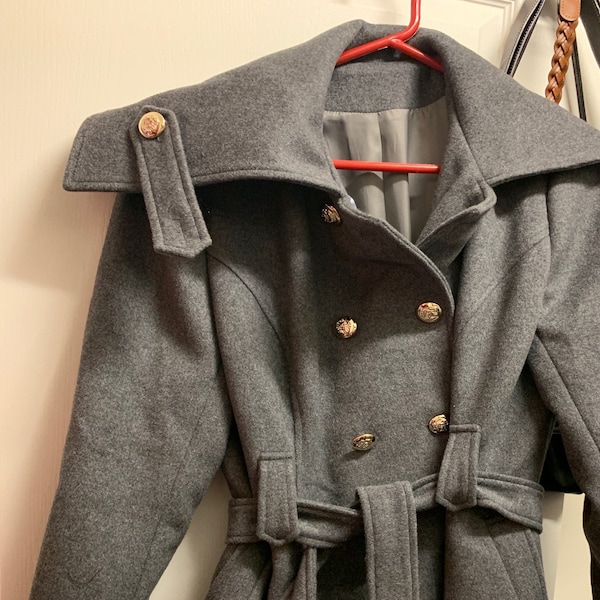 Gray Wool Military Coat, Double-breasted Overcoat, Belted Winter Coat ...