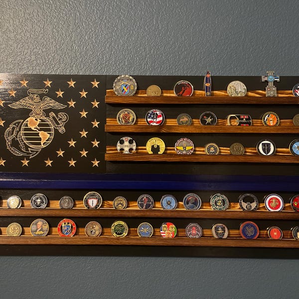 Subdued USMC Marines Wooden American Flag Challenge Coin Display, Holds ...