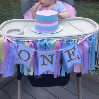 Pastel Rainbow High Chair Birthday Banner and Ribbon Garland Set ...